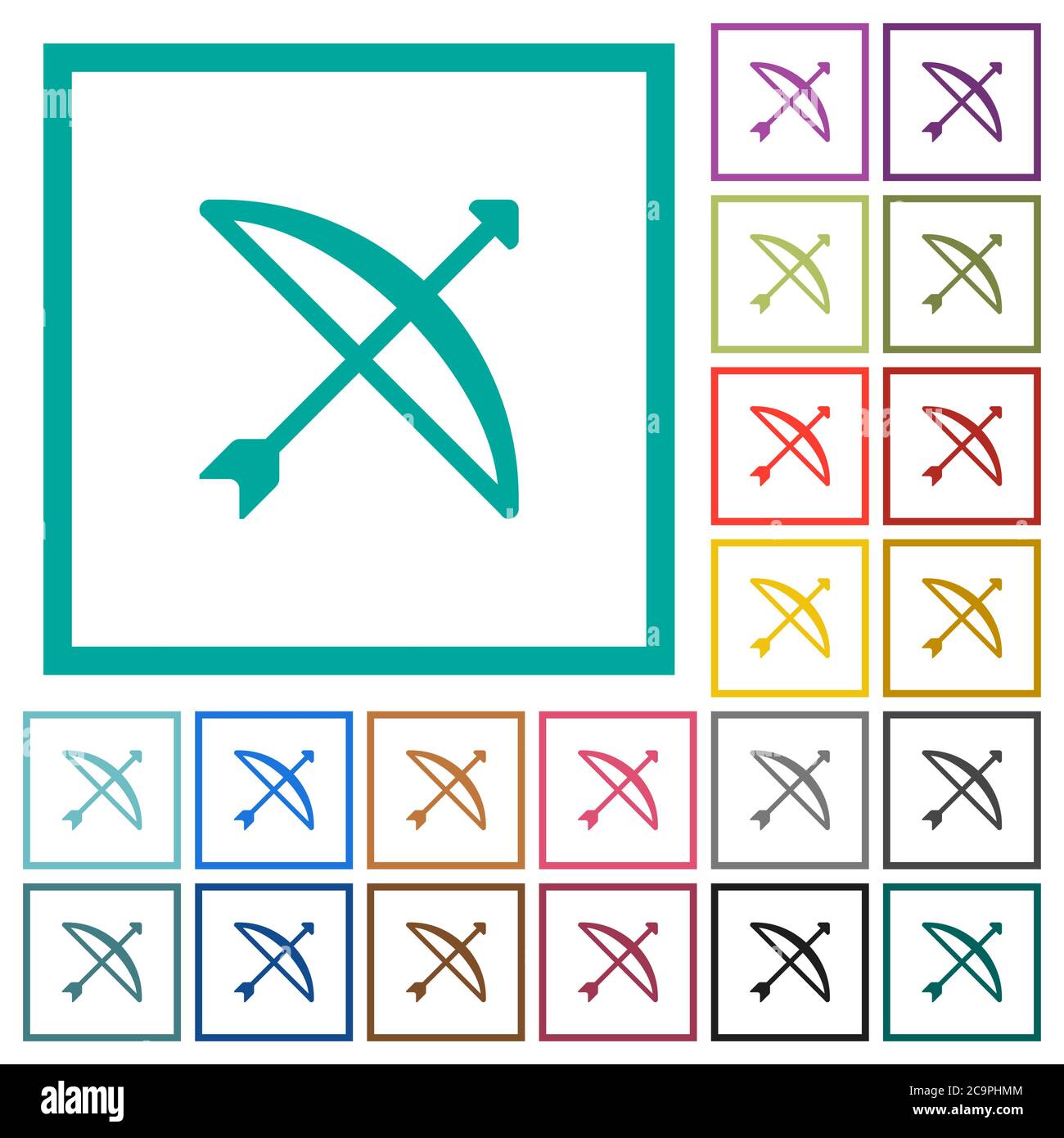 Bow with arrow flat color icons with quadrant frames on white ...