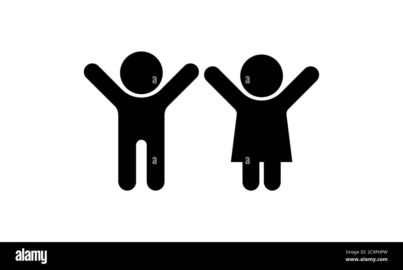 Little girl and boy push hands up icon. Vector on isolated white ...