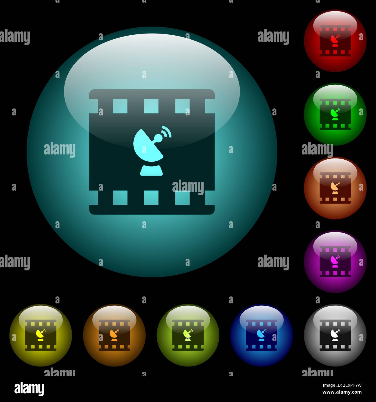 Movie broadcasting icons in color illuminated spherical glass buttons ...