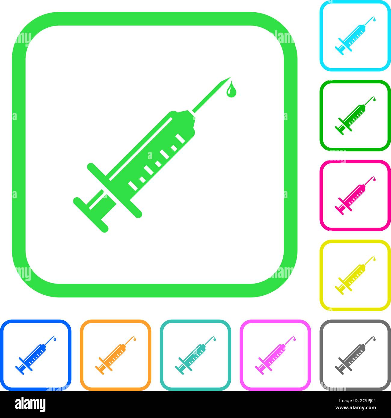 Syringe with drop vivid colored flat icons in curved borders on white ...