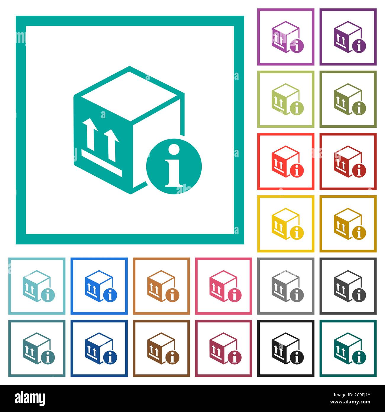 Package information flat color icons with quadrant frames on white ...