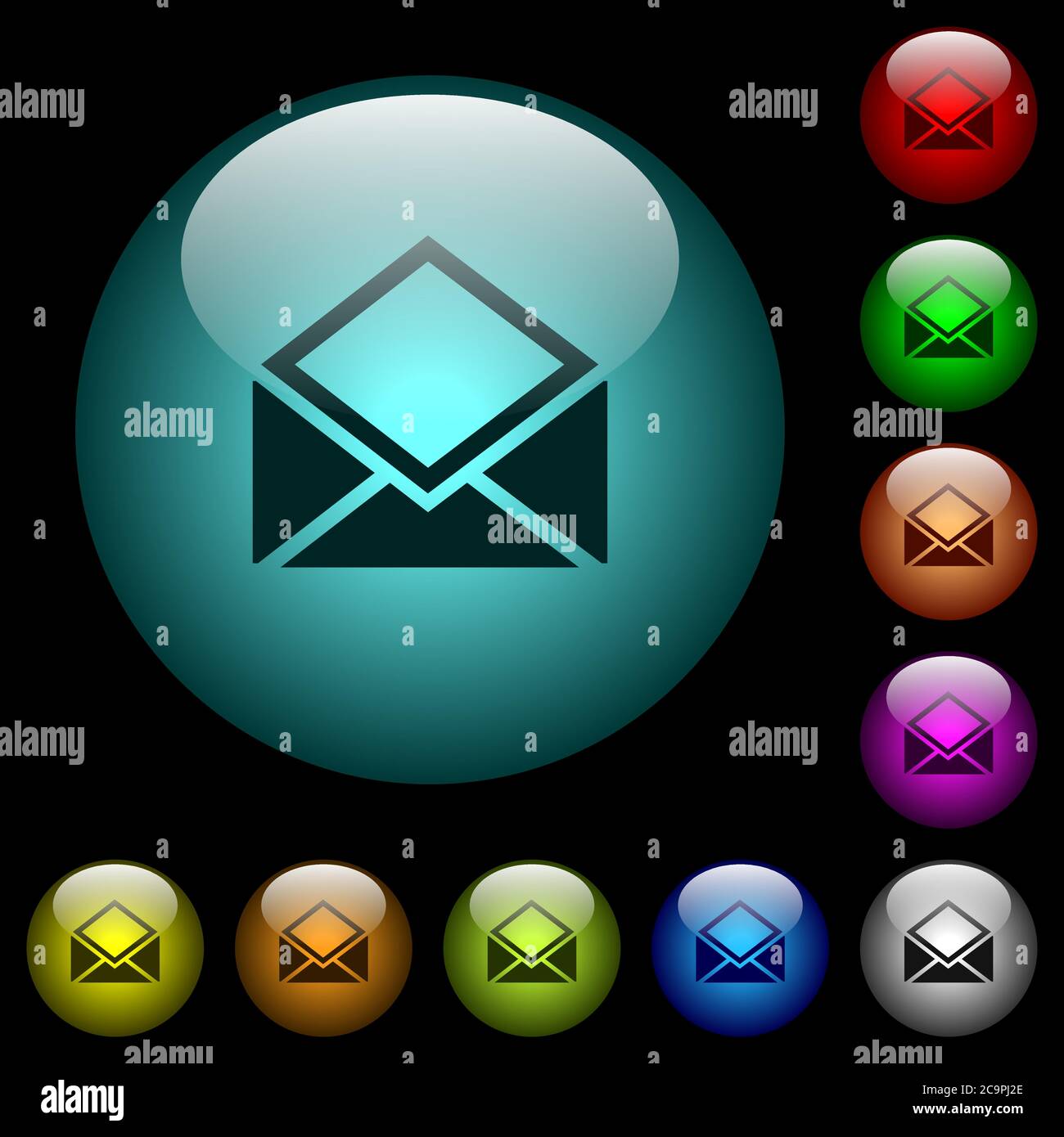 Open mail icons in color illuminated spherical glass buttons on black ...