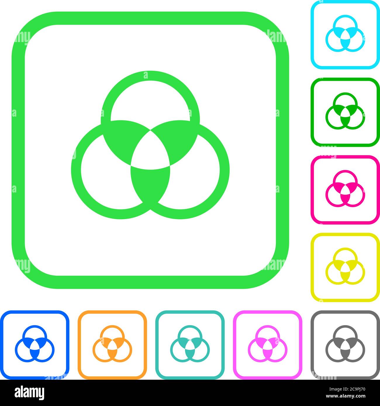 Color mixing vivid colored flat icons in curved borders on white ...