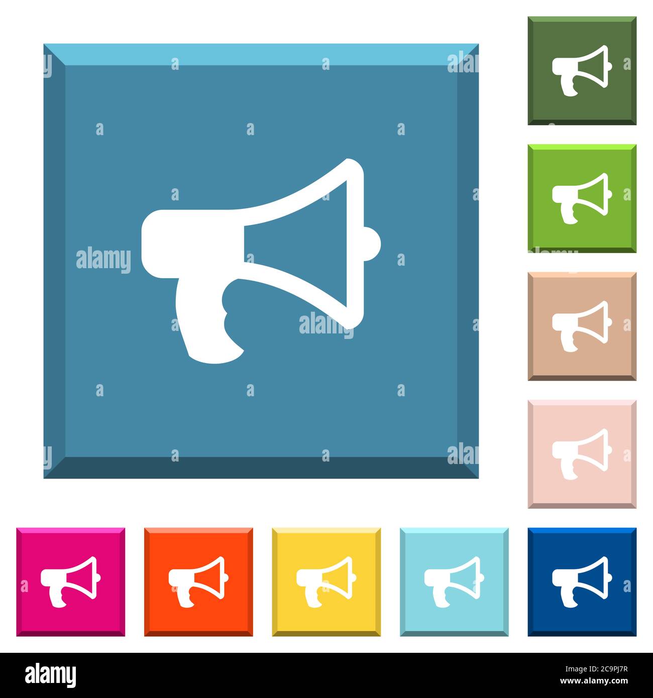 Megaphone white icons on edged square buttons in various trendy colors ...