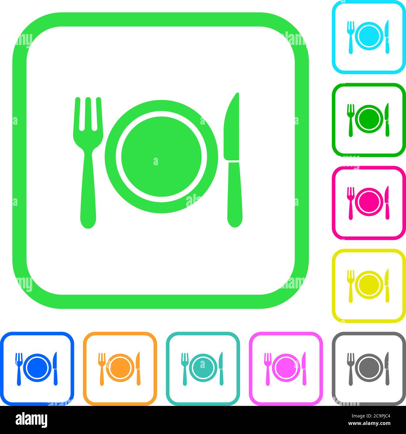 Dinner vivid colored flat icons in curved borders on white background ...