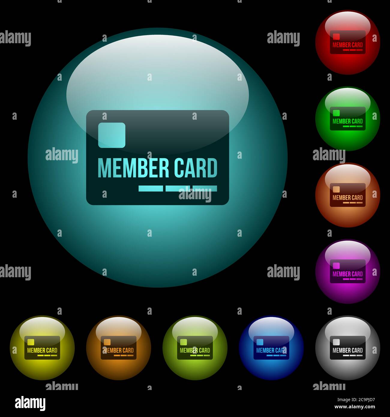 Member card icons in color illuminated spherical glass buttons on black ...