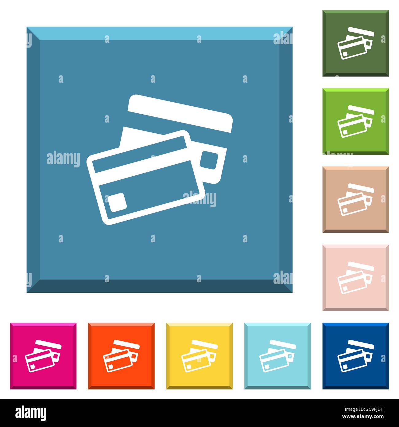 Credit cards white icons on edged square buttons in various trendy ...