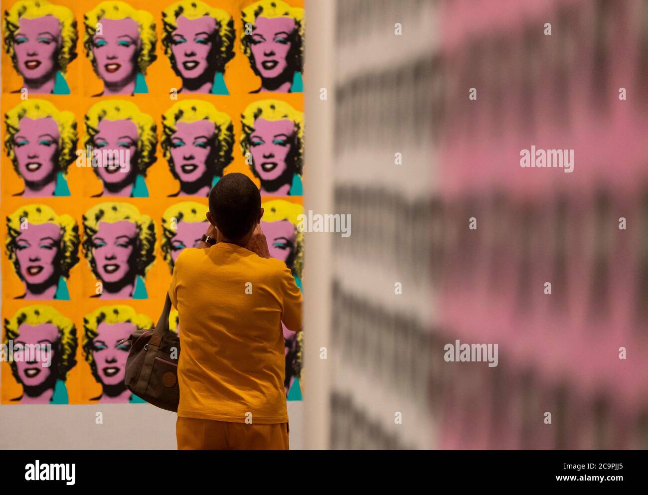 London, Britain. 1st Aug, 2020. A visitor wearing a face mask views ...