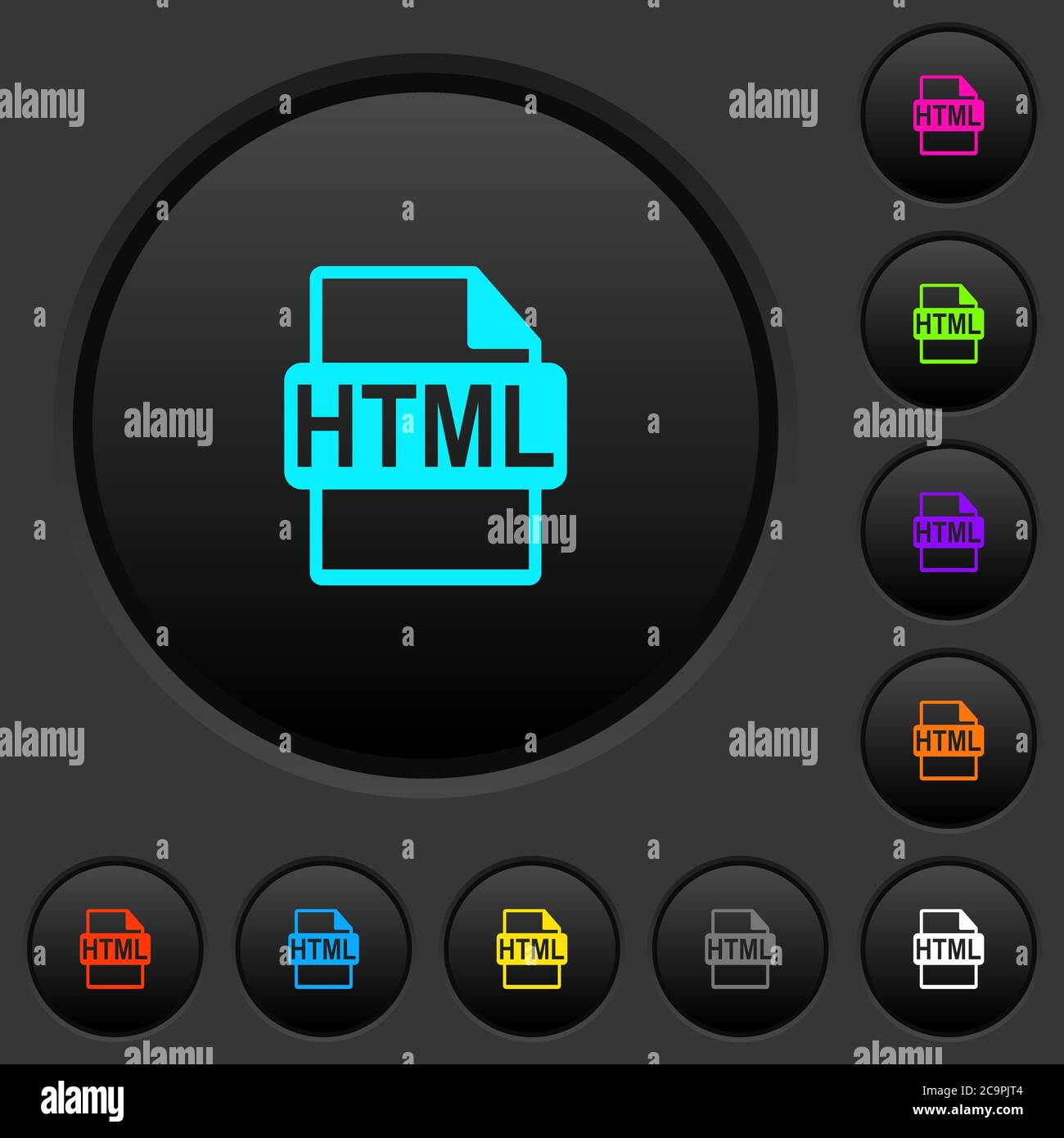 HTML file format dark push buttons with vivid color icons on dark grey ...