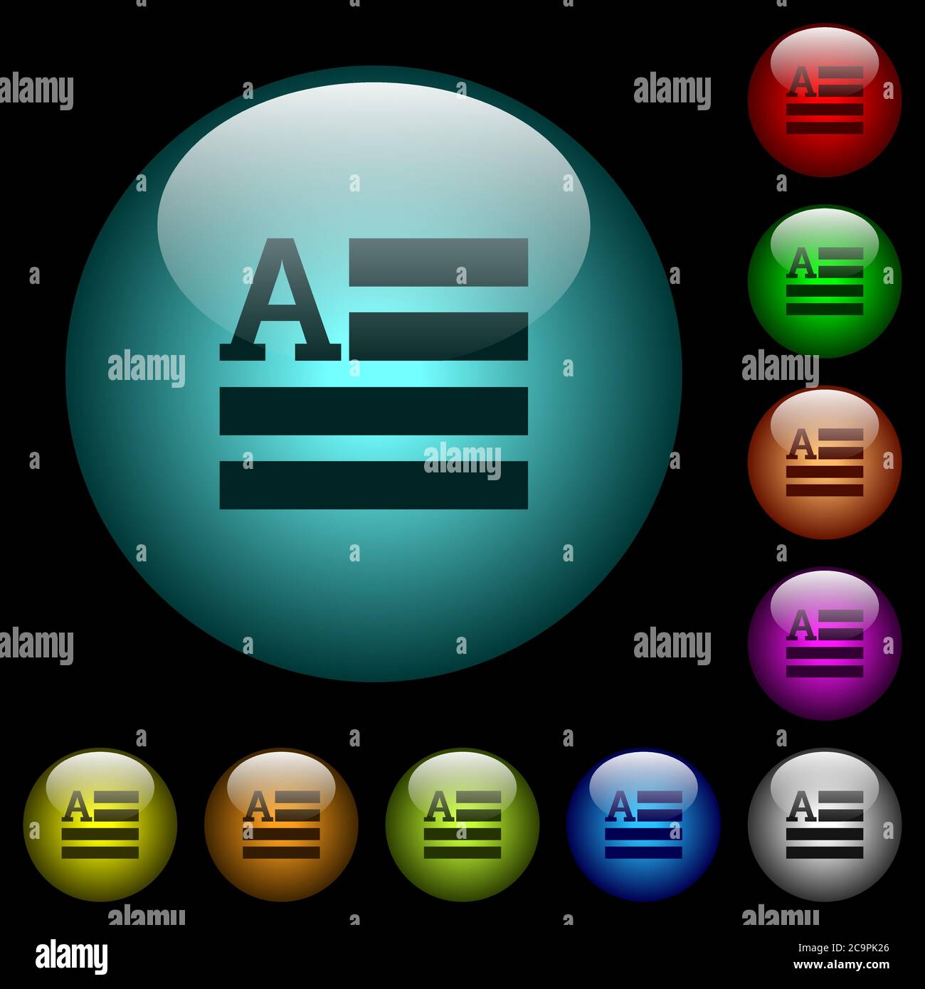 Text initials icons in color illuminated spherical glass buttons on ...