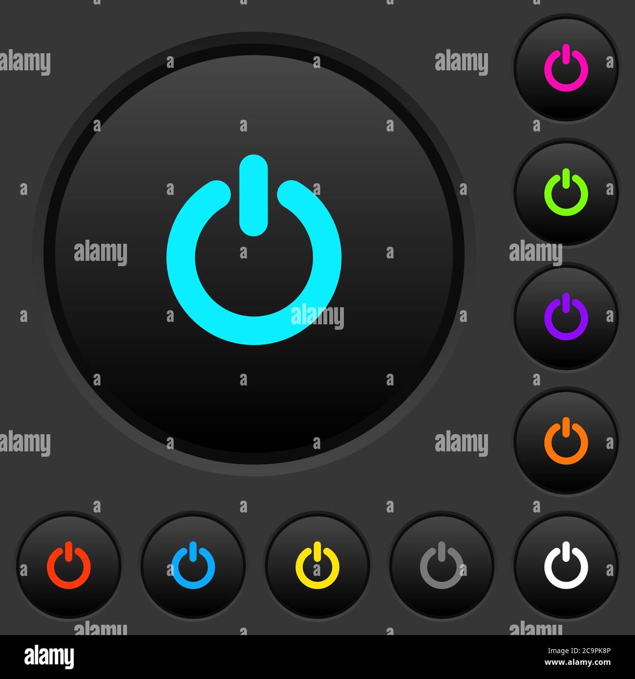 Power switch dark push buttons with vivid color icons on dark grey ...
