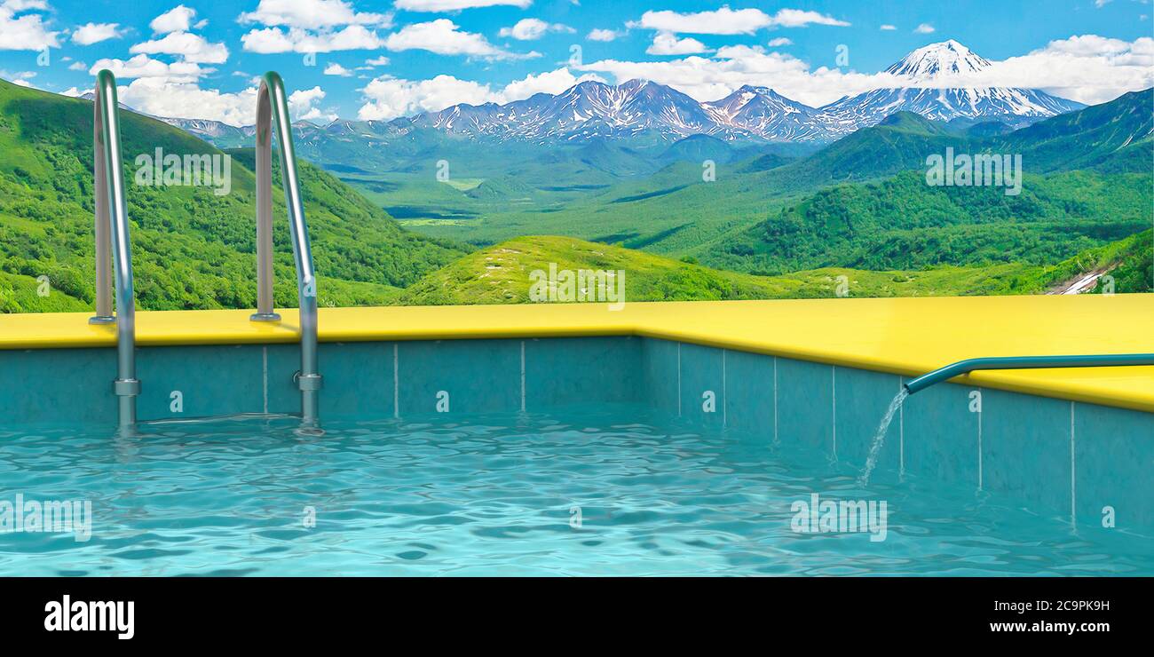 Swimming pool with views of the Kamchatka mountains in Russia Stock ...