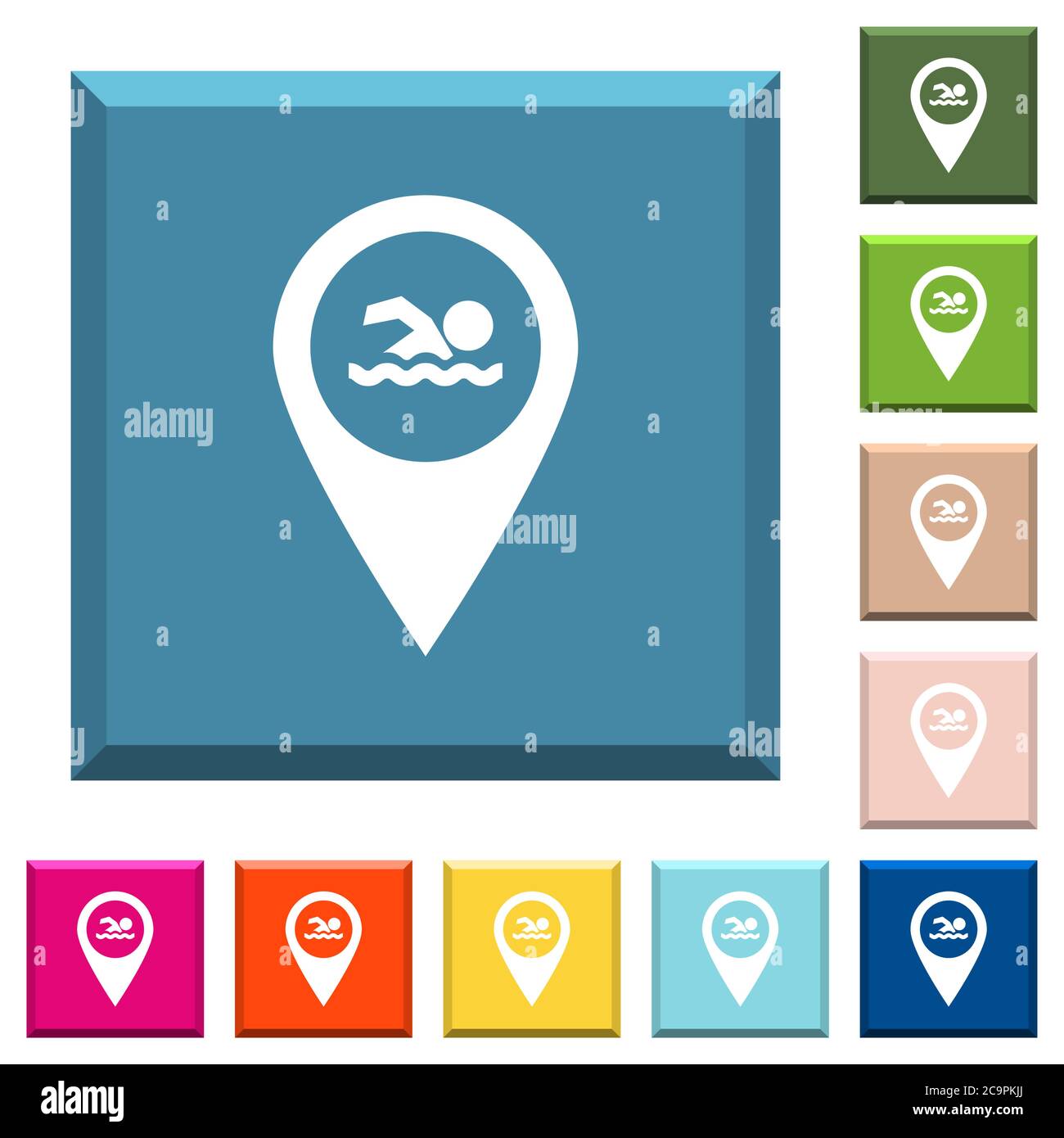 Swimming pool GPS map location white icons on edged square buttons in ...