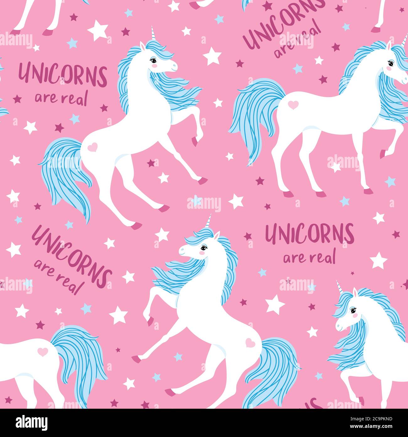 Cute seamless pattern with unicorn blue mane on a pink background ...