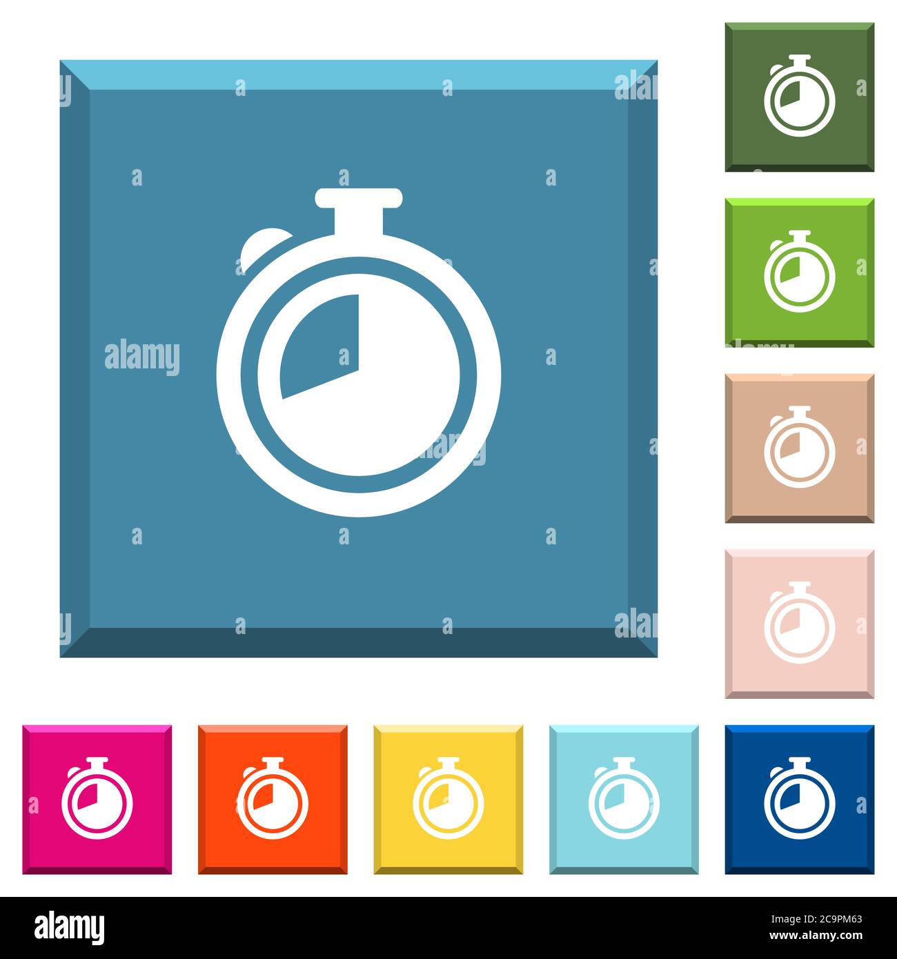 Timer white icons on edged square buttons in various trendy colors ...
