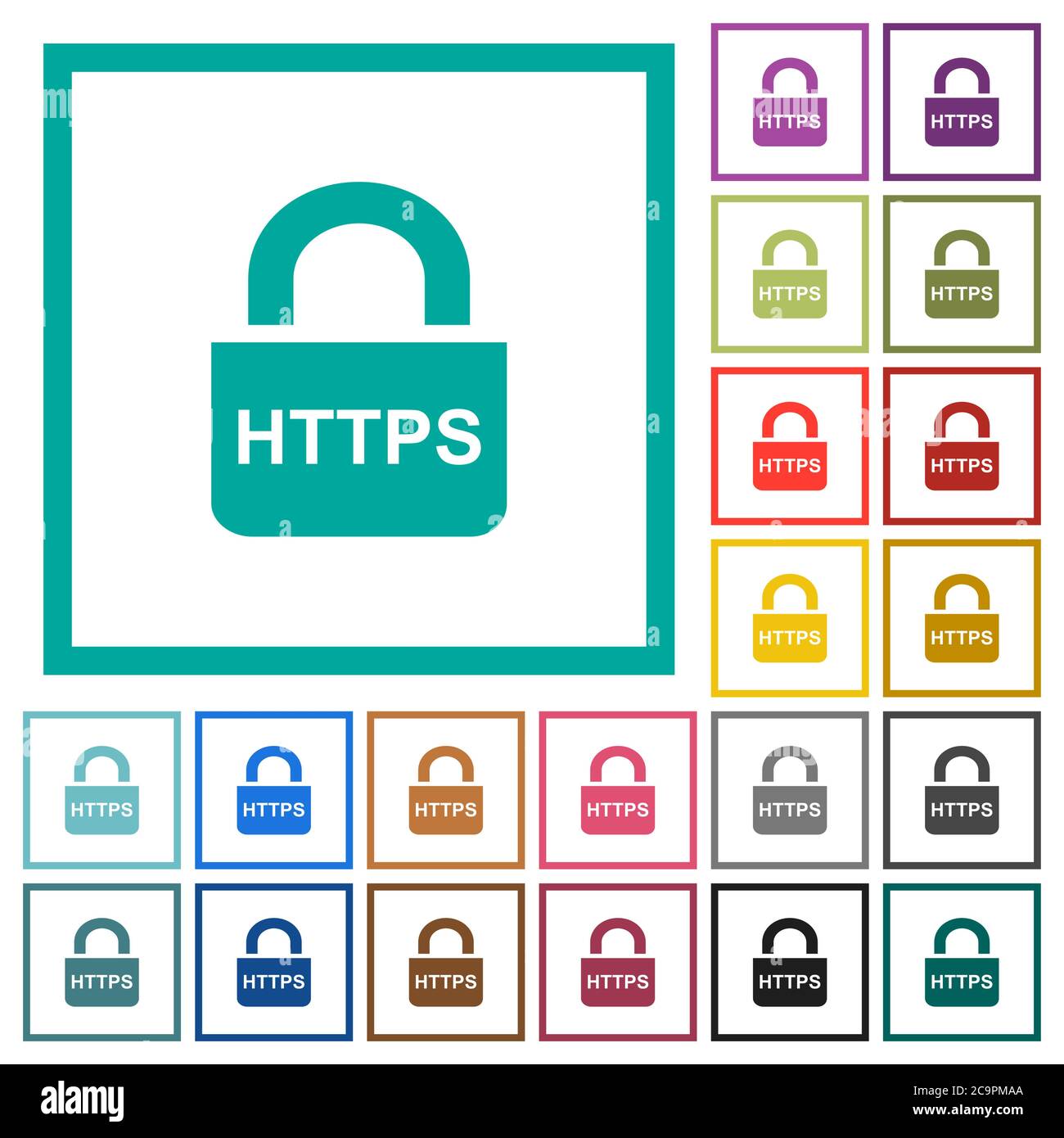 Secure https protocol flat color icons with quadrant frames on white ...