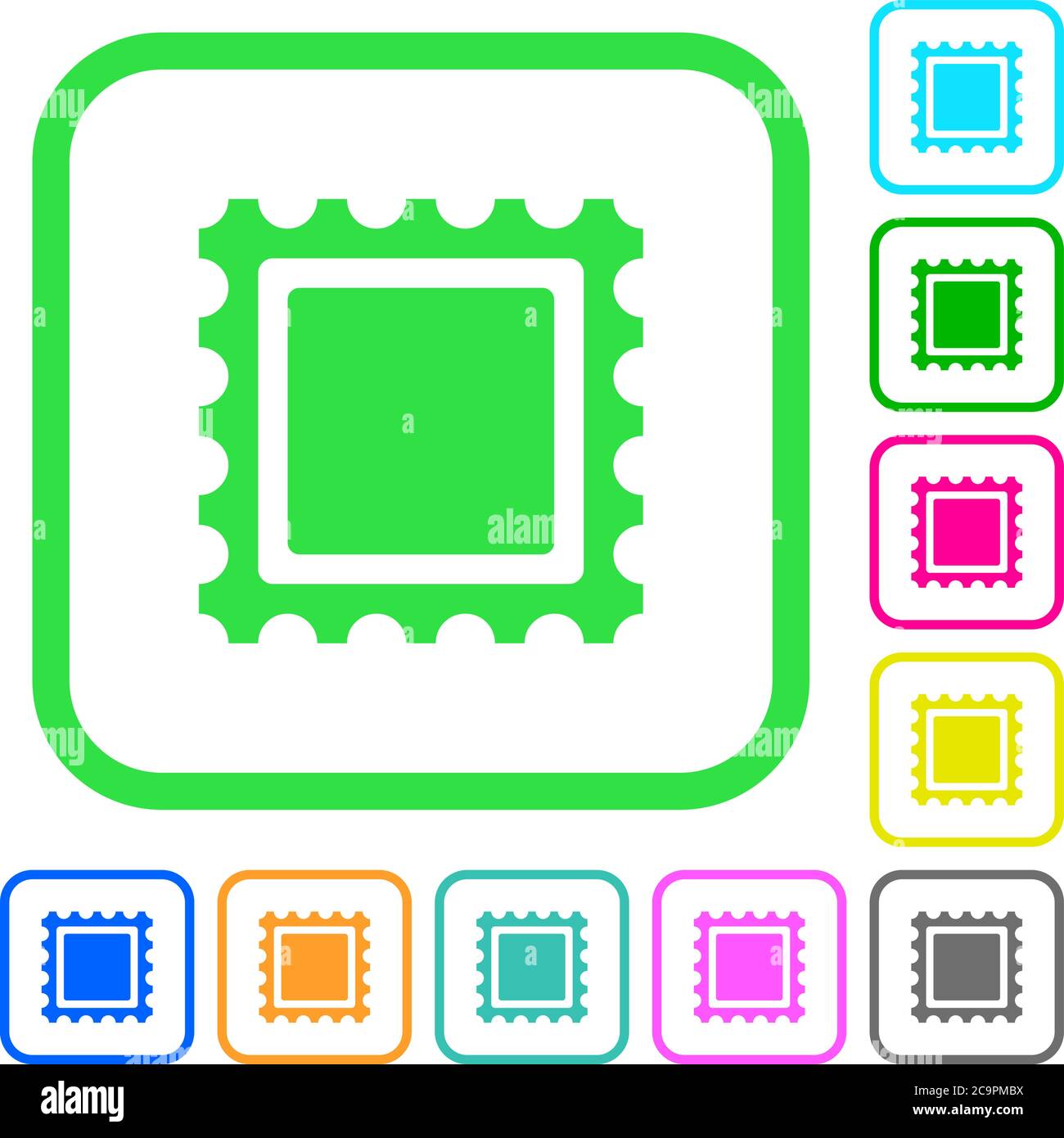 Postal stamp vivid colored flat icons in curved borders on white ...