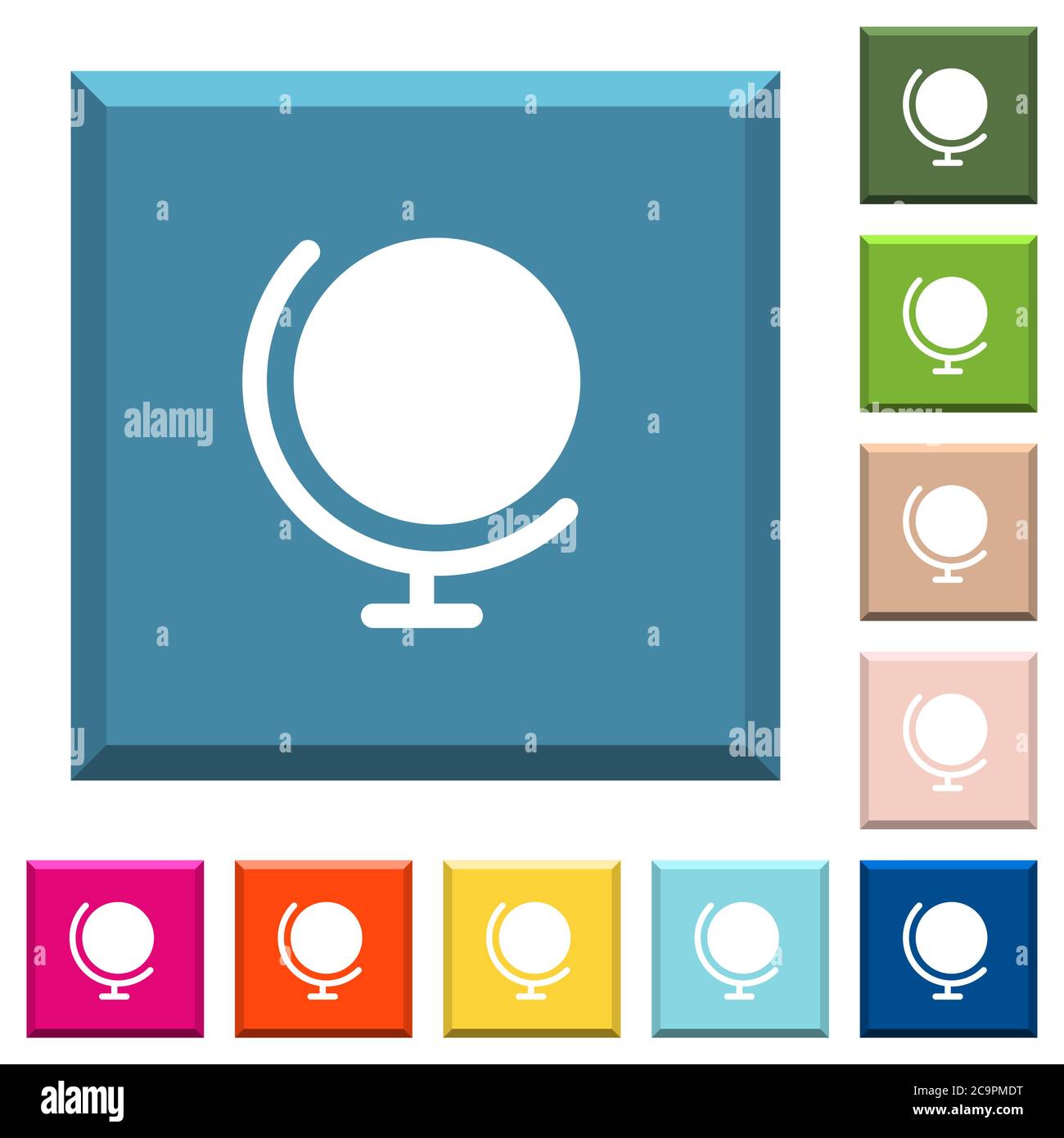 Globe with stand white icons on edged square buttons in various trendy ...