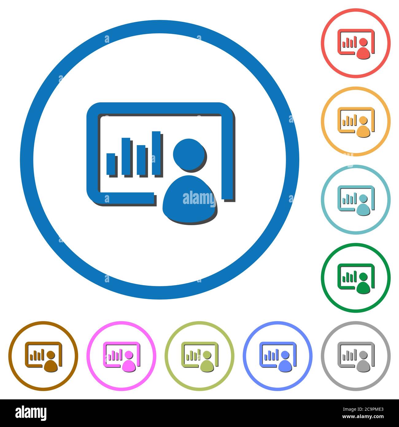 Presentation flat color vector icons with shadows in round outlines on ...