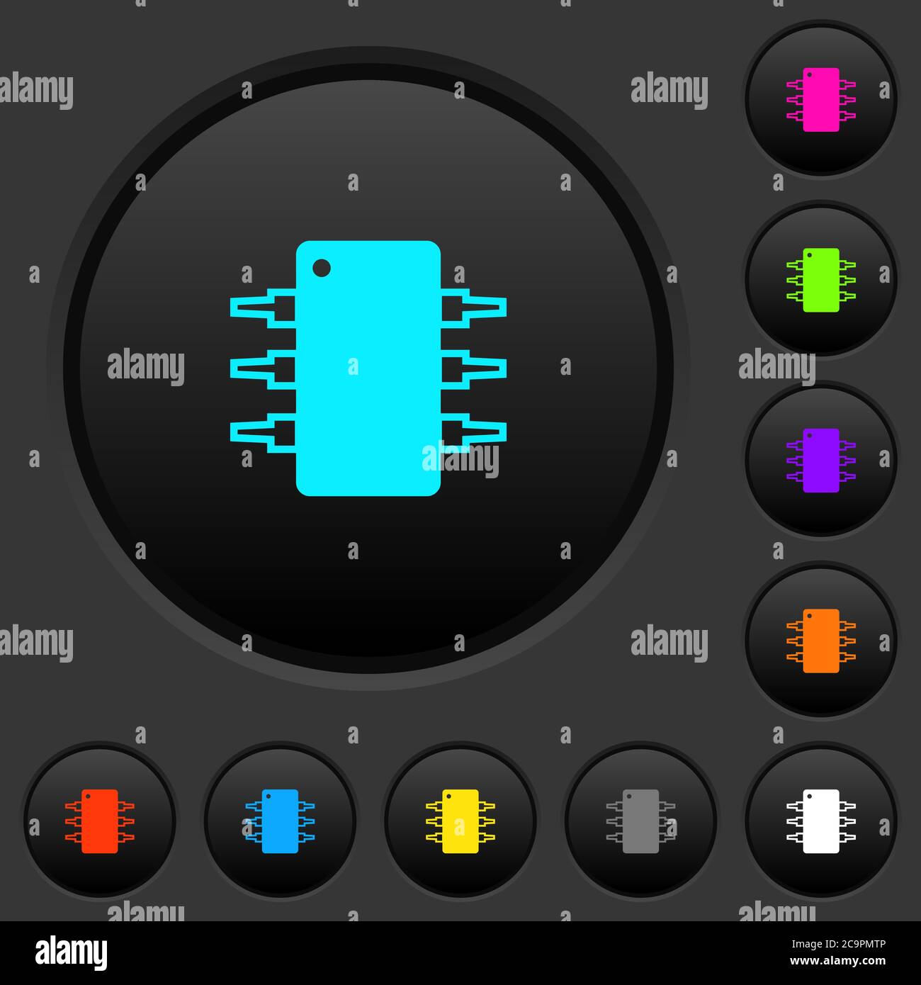 Integrated circuit dark push buttons with vivid color icons on dark ...