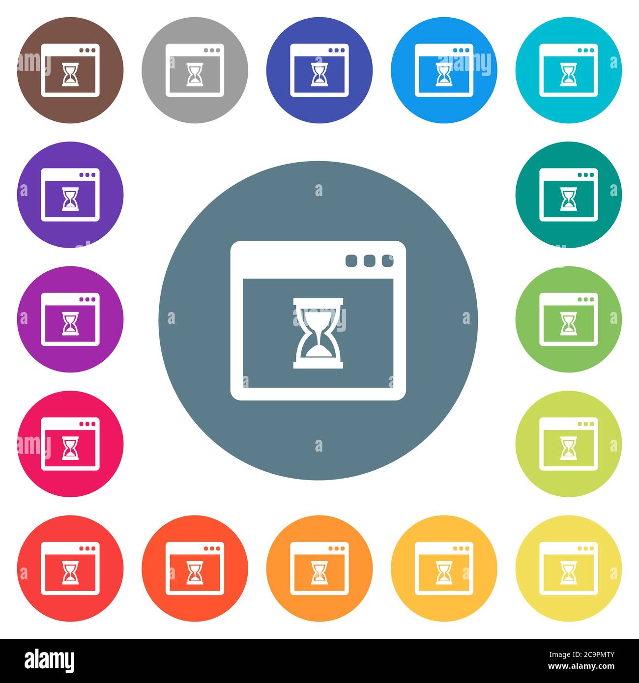 Waiting application flat white icons on round color backgrounds. 17 ...