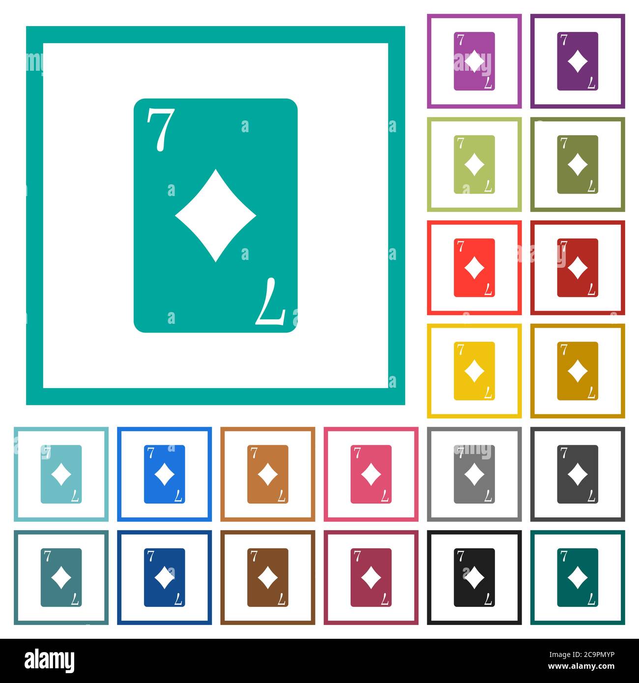 Seven of diamonds card flat color icons with quadrant frames on white ...