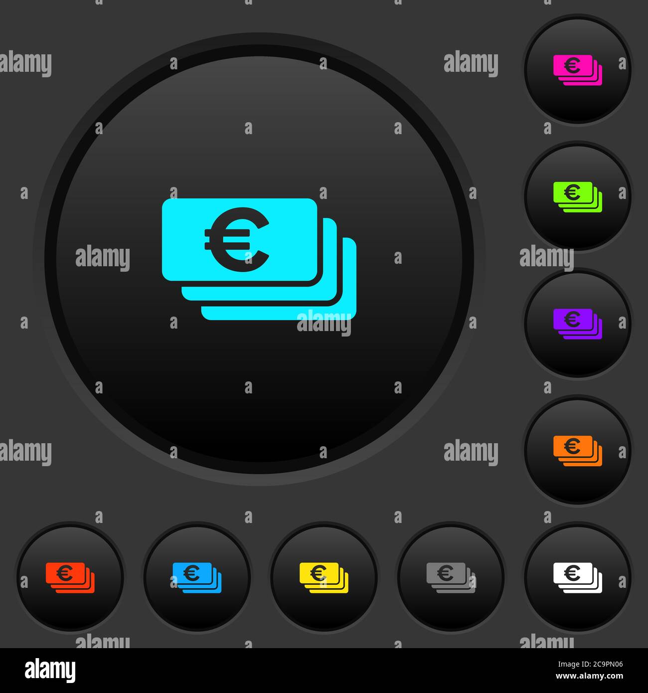Euro banknotes dark push buttons with vivid color icons on dark grey ...