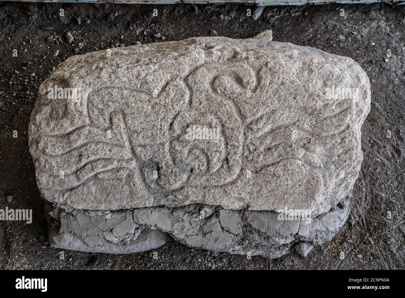 Glyphs carved in stone in the ruins of the pre-Hispanic Zapotec city of ...