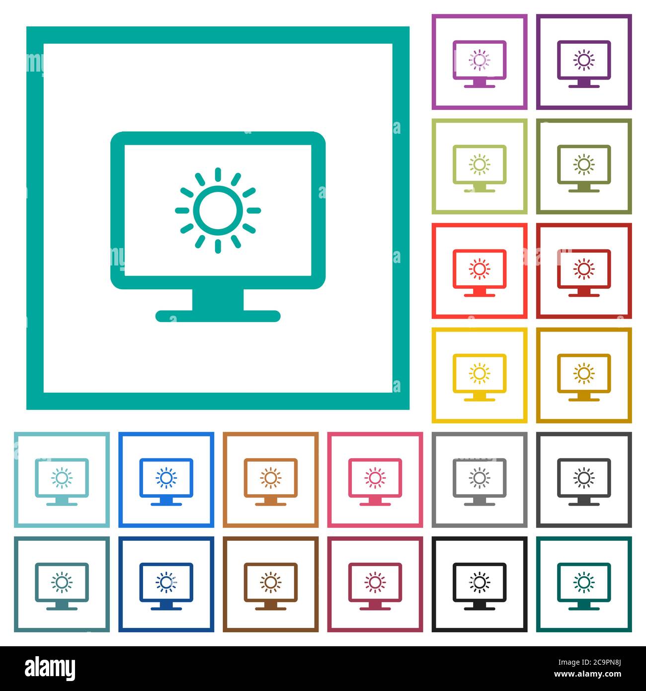 Adjust screen brightness flat color icons with quadrant frames on white ...