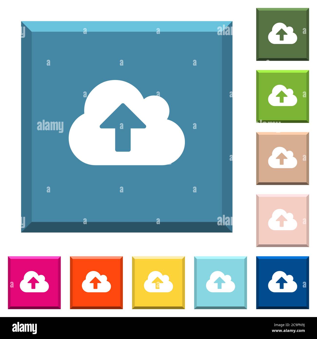 Cloud upload white icons on edged square buttons in various trendy ...