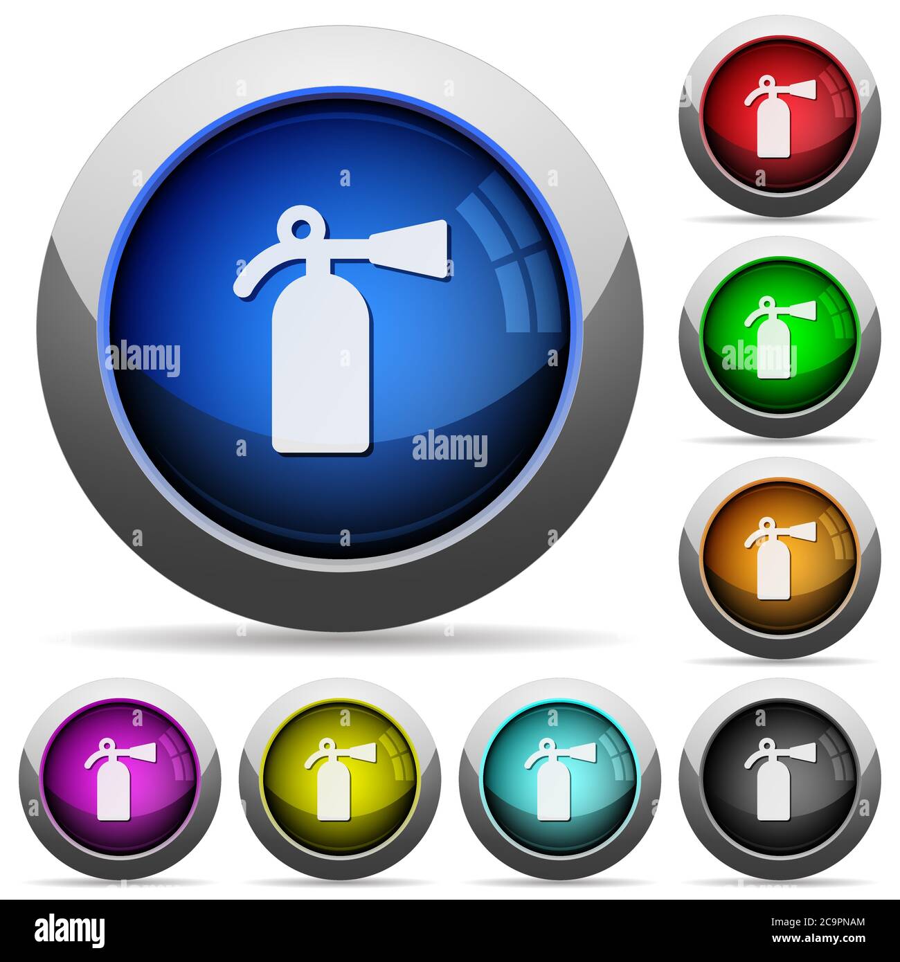 Fire extinguisher icons in round glossy buttons with steel frames Stock ...