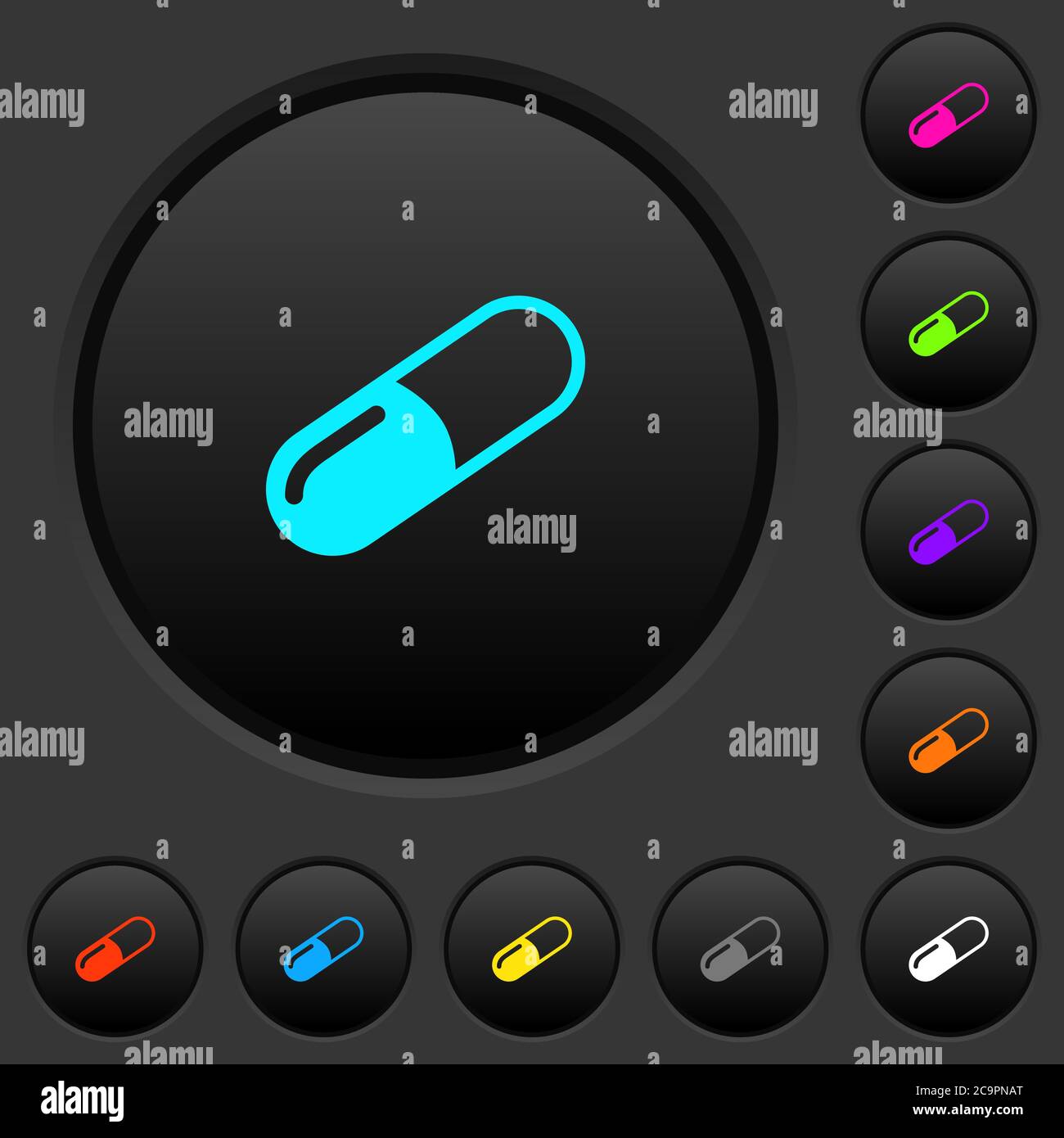 Pill dark push buttons with vivid color icons on dark grey background ...