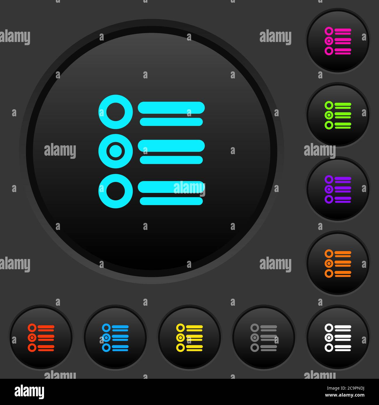 Radio group dark push buttons with vivid color icons on dark grey ...