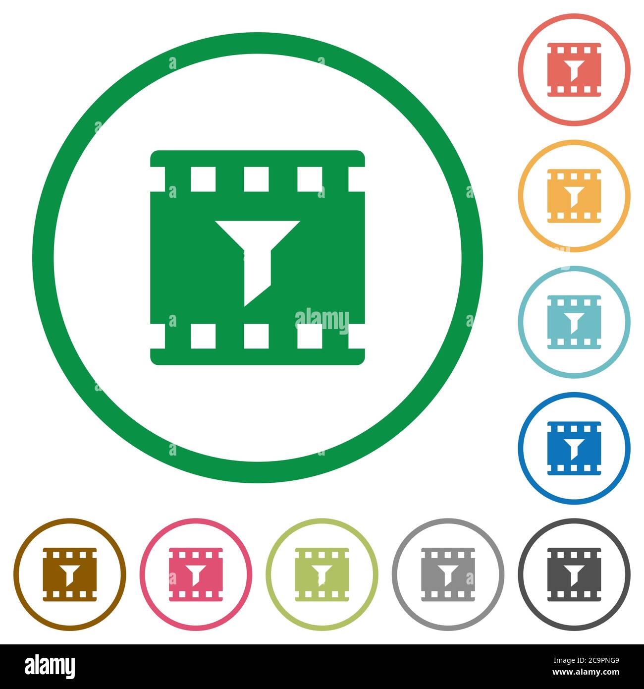 Filter movie flat color icons in round outlines on white background ...