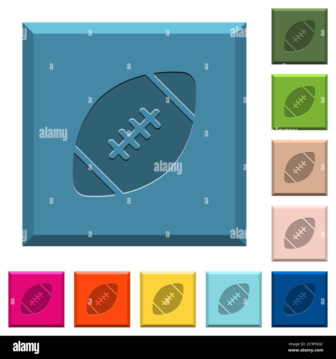 Rugby ball engraved icons on edged square buttons in various trendy ...