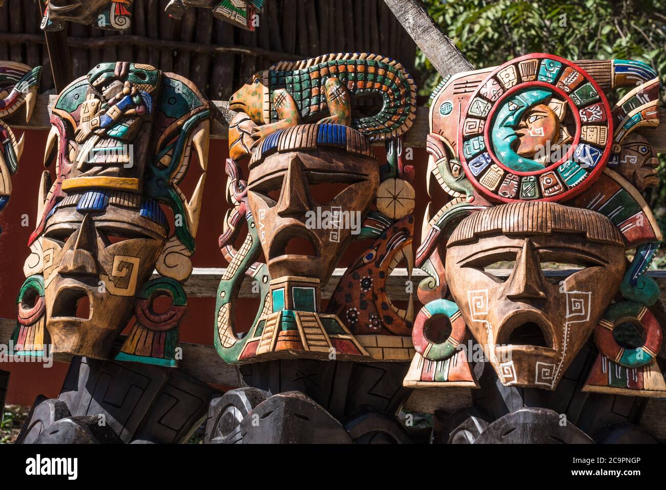 Carved and painted wooden masks for sale in the pre-Hispanic Mayan city ...