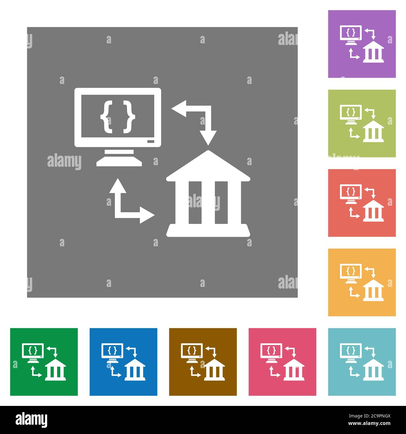 Open banking API flat icons on simple color square backgrounds Stock ...