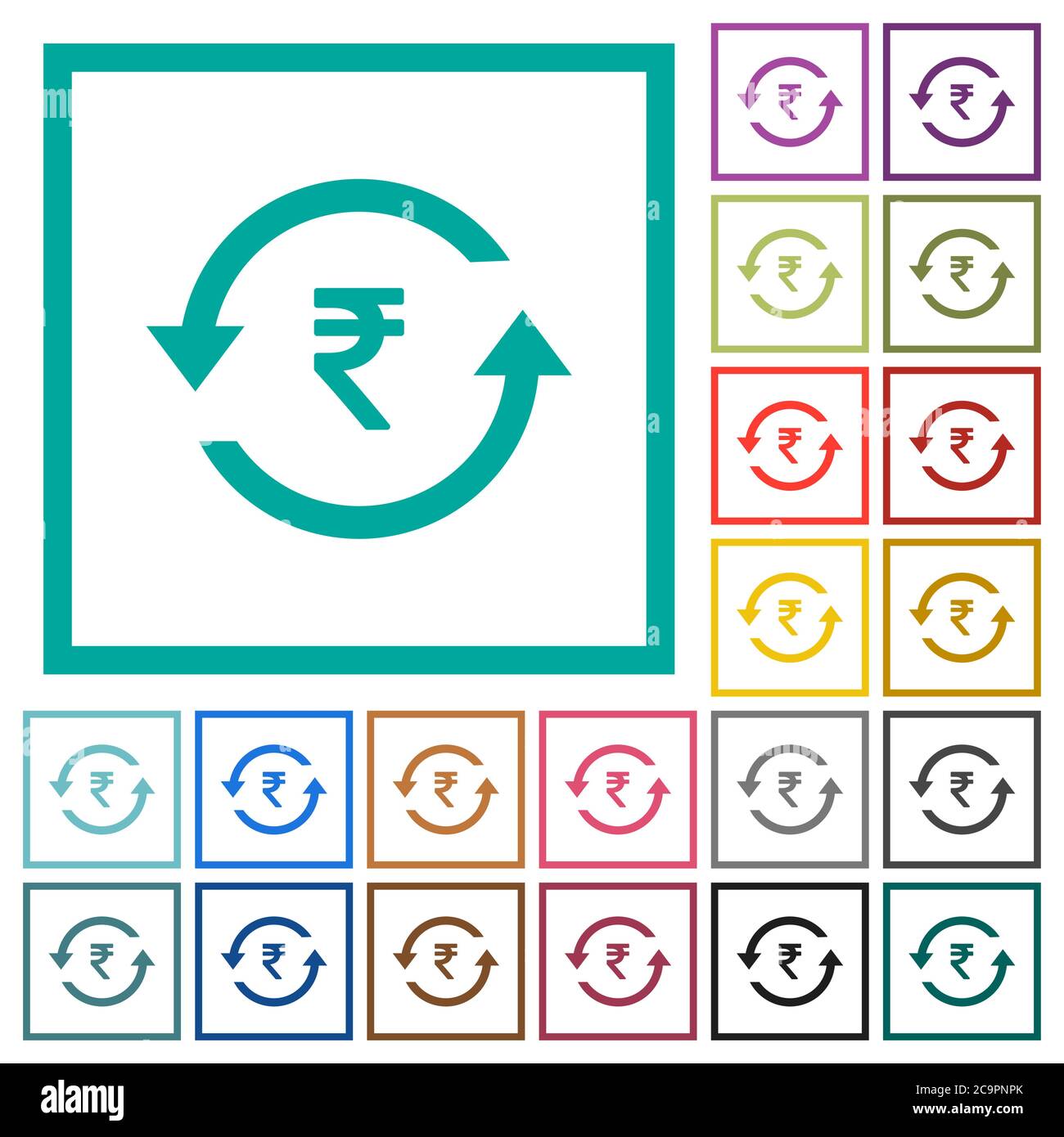 Rupee pay back flat color icons with quadrant frames on white ...
