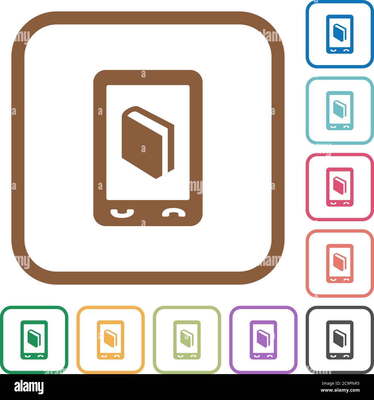 Mobile dictionary simple icons in color rounded square frames on white ...