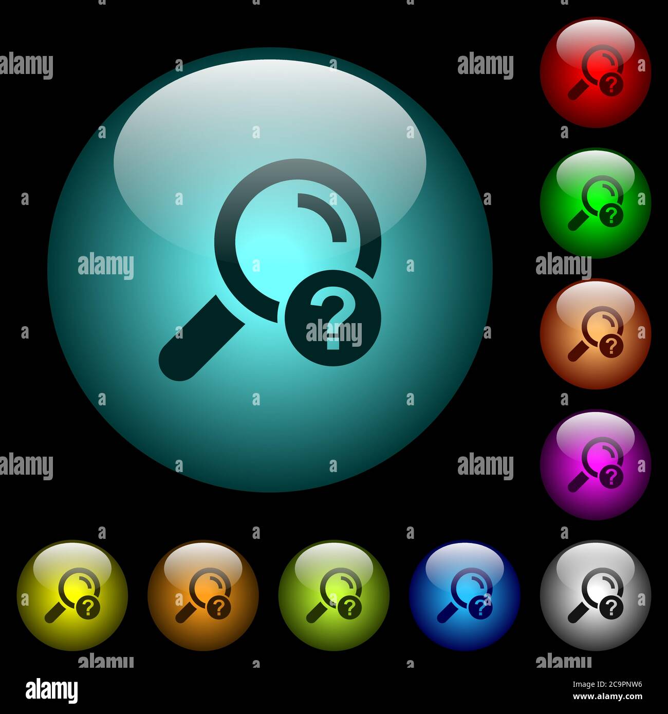 Unknown search icons in color illuminated spherical glass buttons on ...