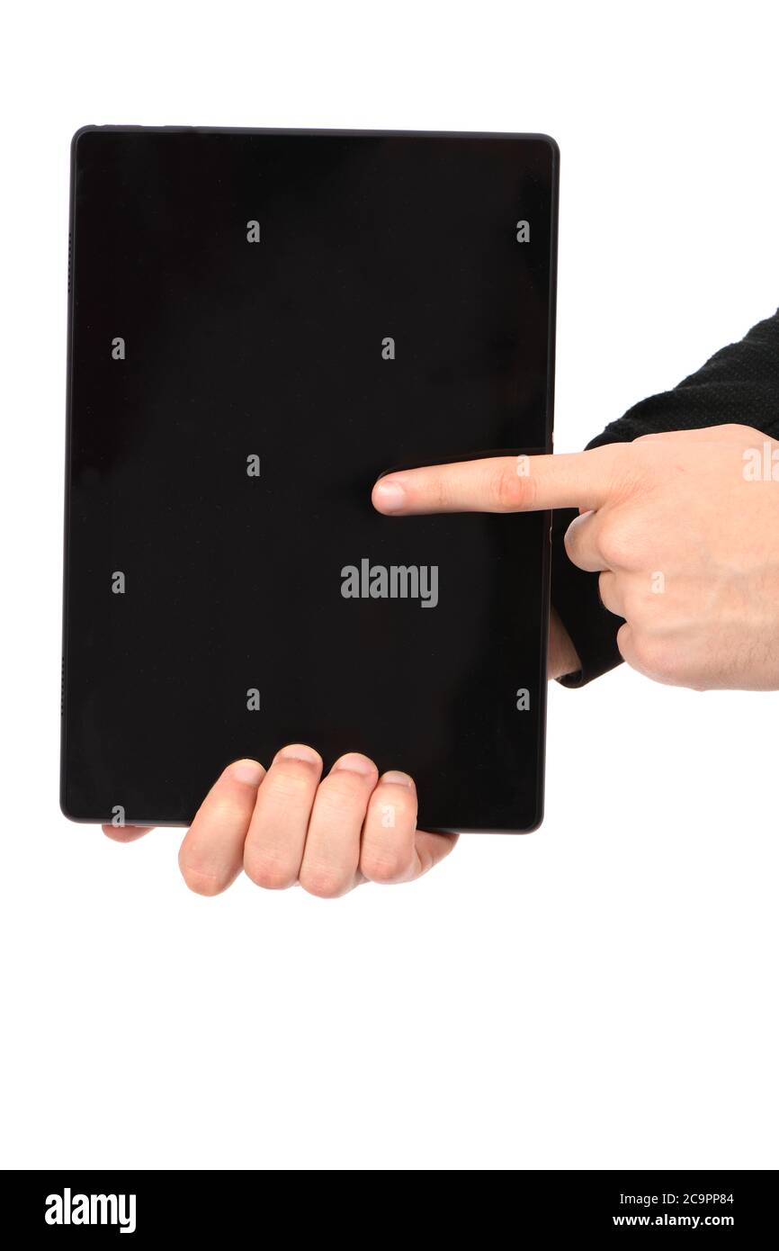 Hand holds tablet pc isolated on white background. High resolution ...
