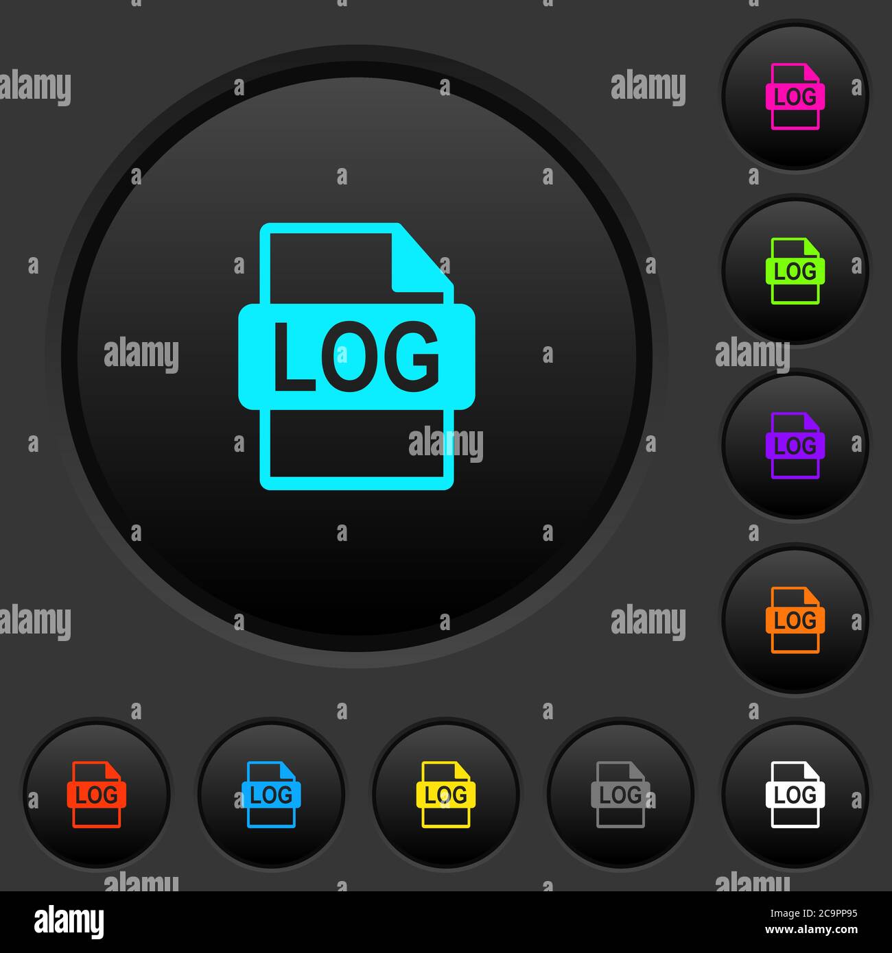 LOG file format dark push buttons with vivid color icons on dark grey ...