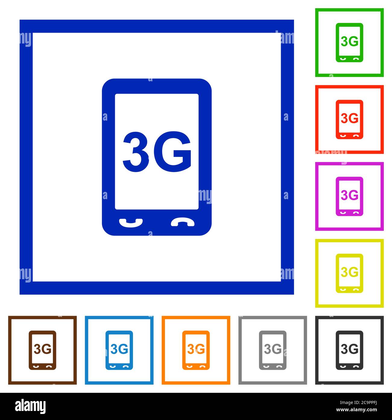 Third generation mobile connection speed flat color icons in square ...