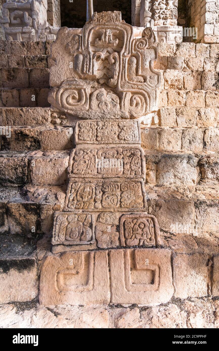 Decorative carved glyphs on the serpent's tongue in the Acropolis in ...