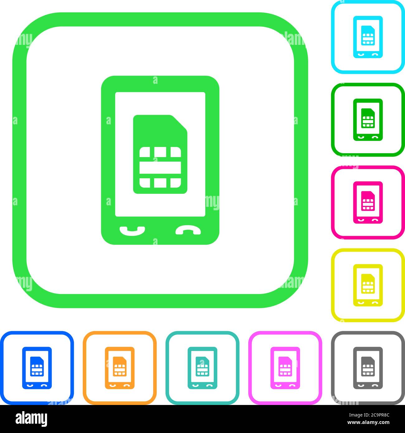 Mobile sim card vivid colored flat icons in curved borders on white ...
