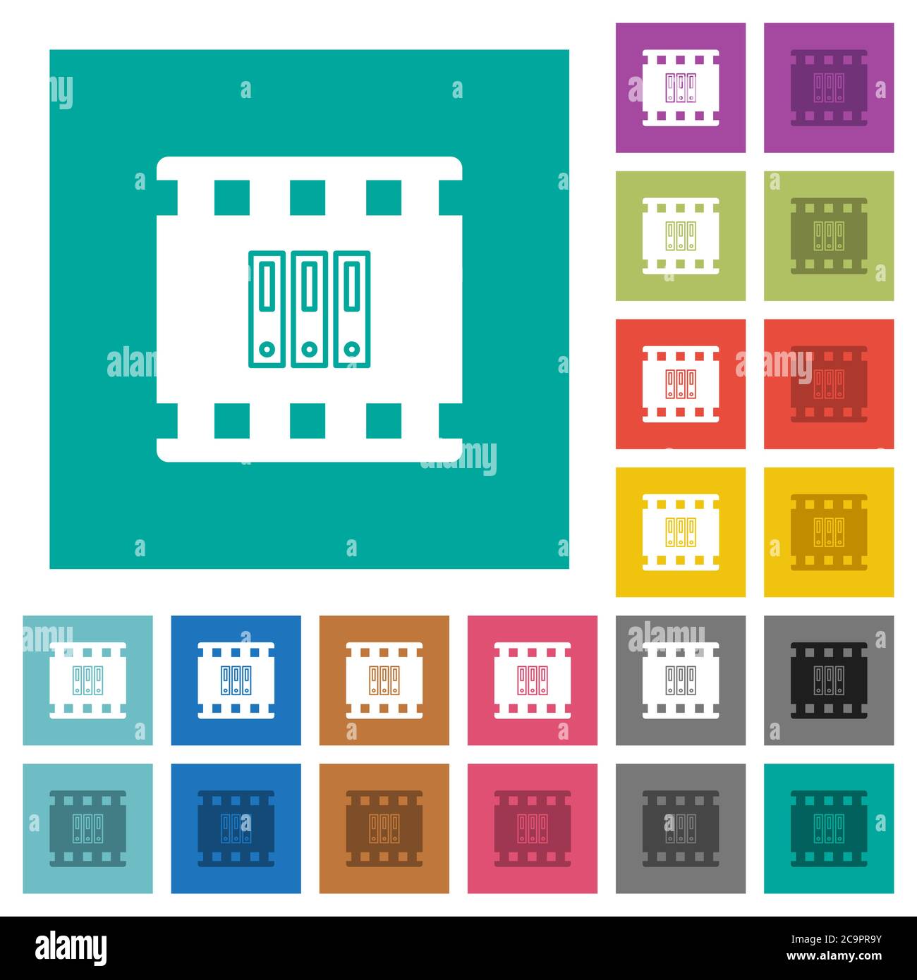 Archive movie multi colored flat icons on plain square backgrounds ...