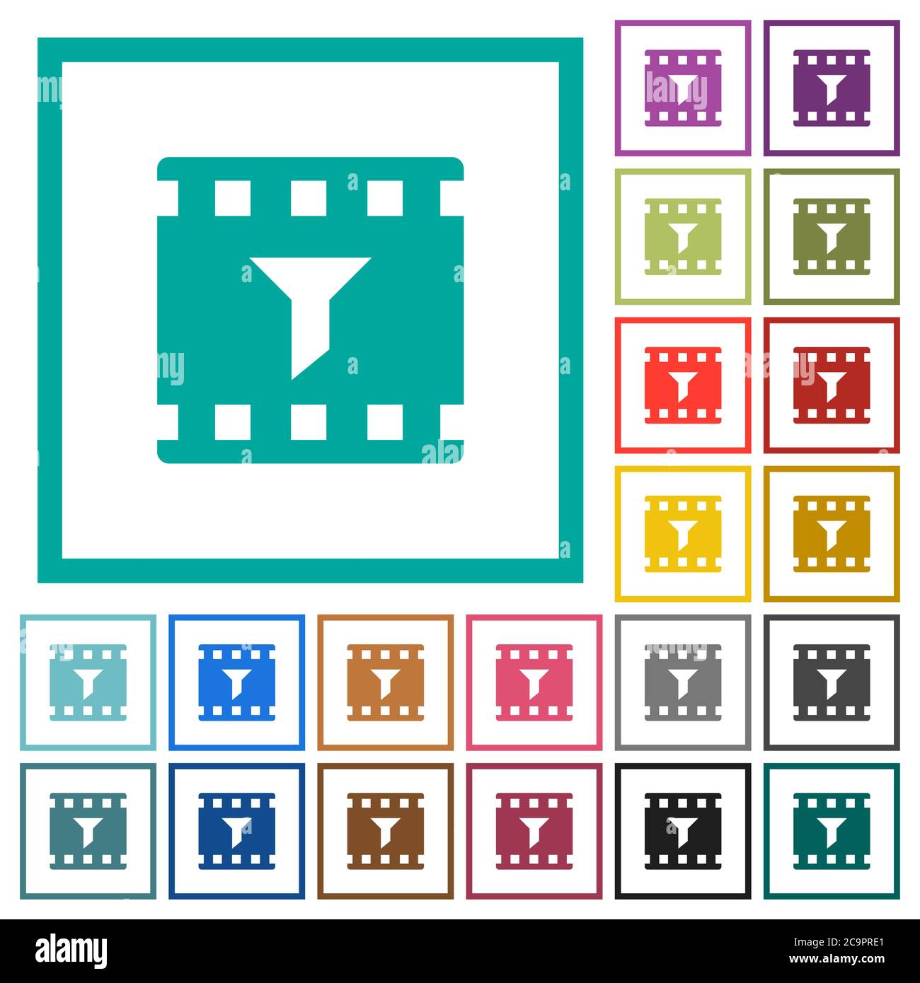 Filter movie flat color icons with quadrant frames on white background ...