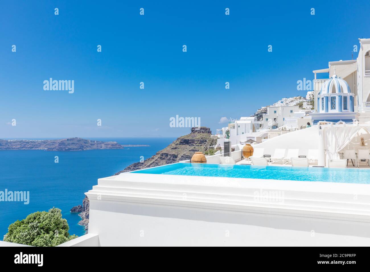 Perfect travel scenery with swimming pool and sea view. Wonderful blue ...