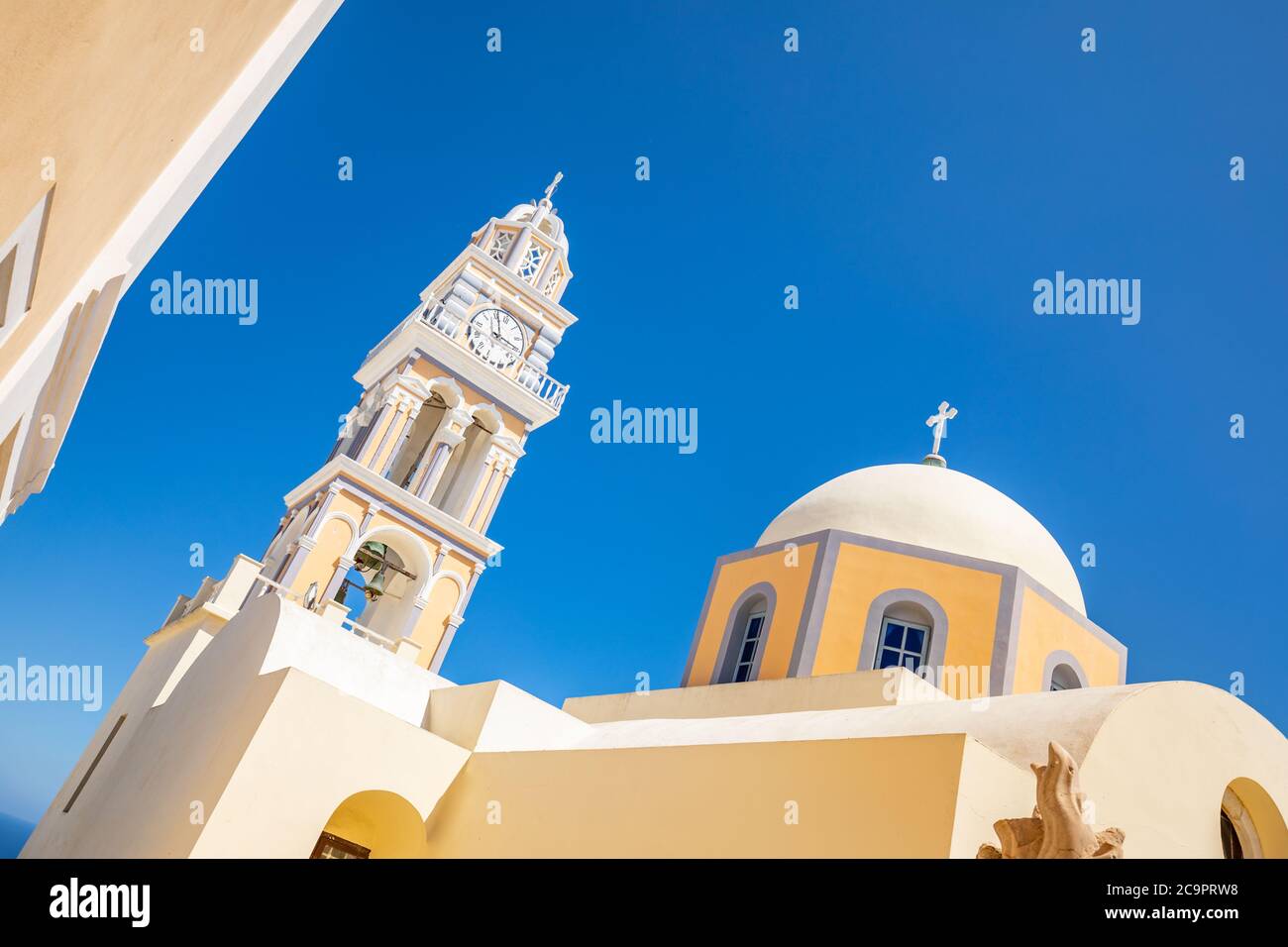 Fira and blue dome, Santorini, Greece. Famous travel destination, blue ...