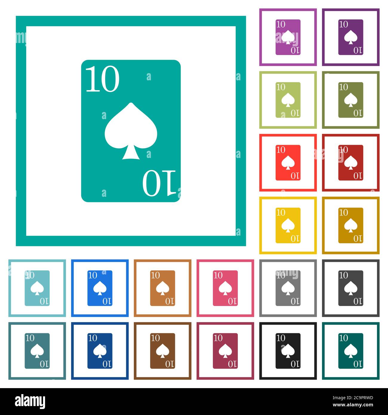Ten of spades card flat color icons with quadrant frames on white ...